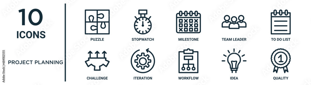 project planning linear icon set. includes thin line stopwatch, milestone, to do list, iteration ...