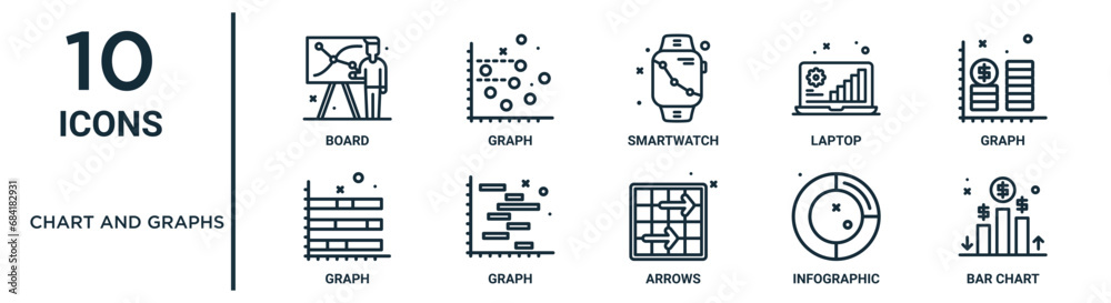 chart and graphs linear icon set. includes thin line graph, smartwatch ...