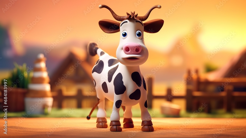 Funny black and white spotted cow character pointing to something and ...