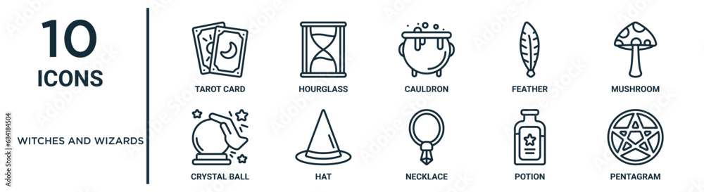 witches and wizards linear icon set. includes thin line hourglass ...