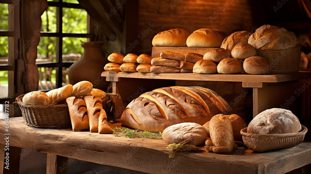 Artisan Bread Display: Illustrate a rustic display of artisanal bread, highlighting the textures ...