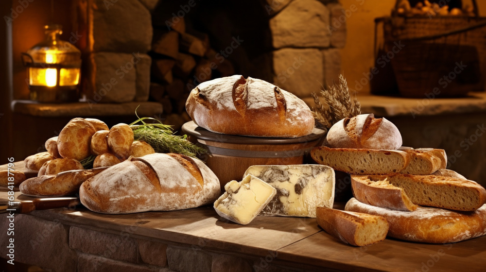 Artisan Bread Display: Illustrate a rustic display of artisanal bread ...