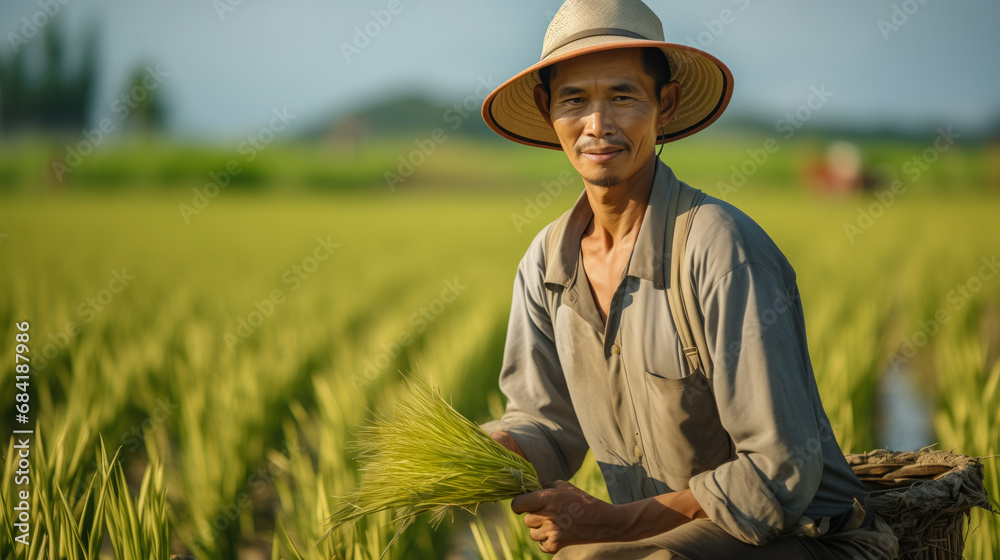 Asian worker (farmer) in the rice field. Agriculture in Asia. Rice ...