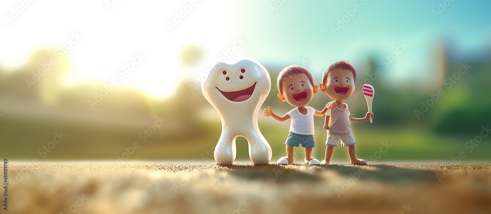 Children holding toothpaste and toothbrush with big tooth on white ...