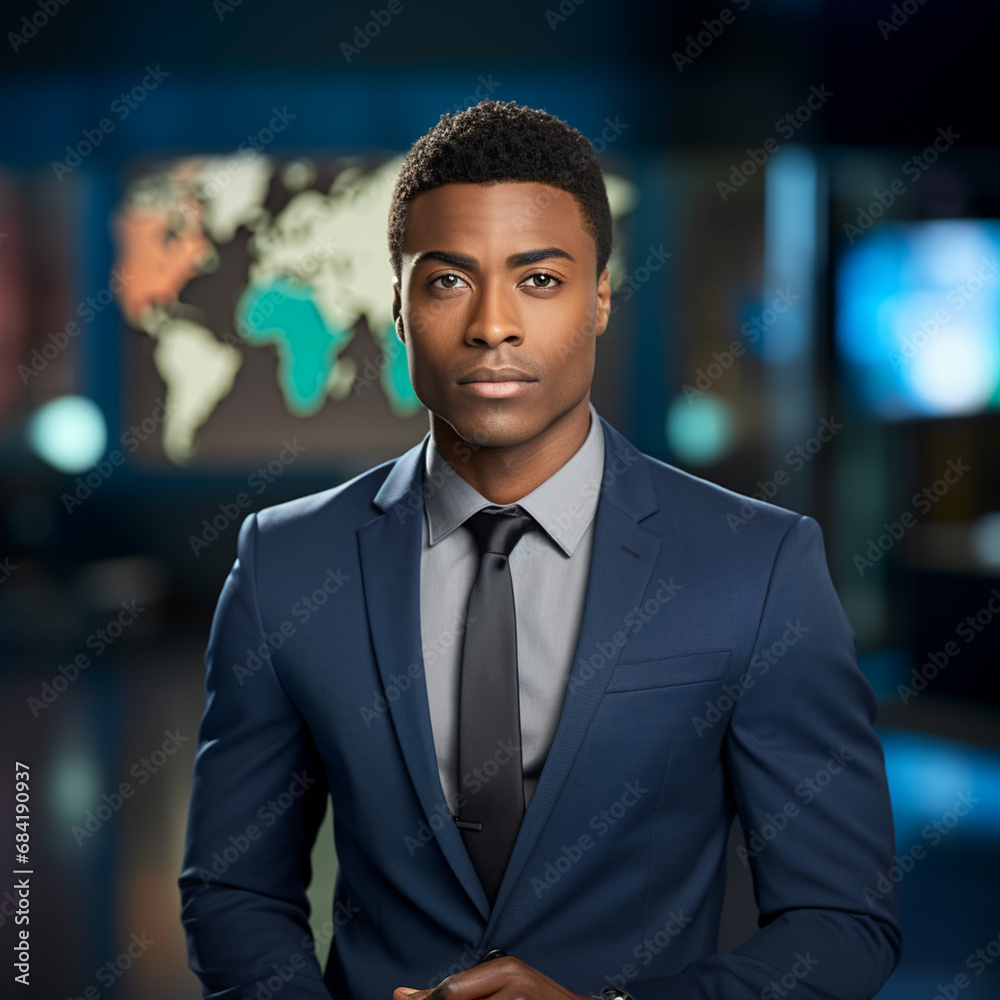Black man tv news presenter. Stock Illustration | Adobe Stock