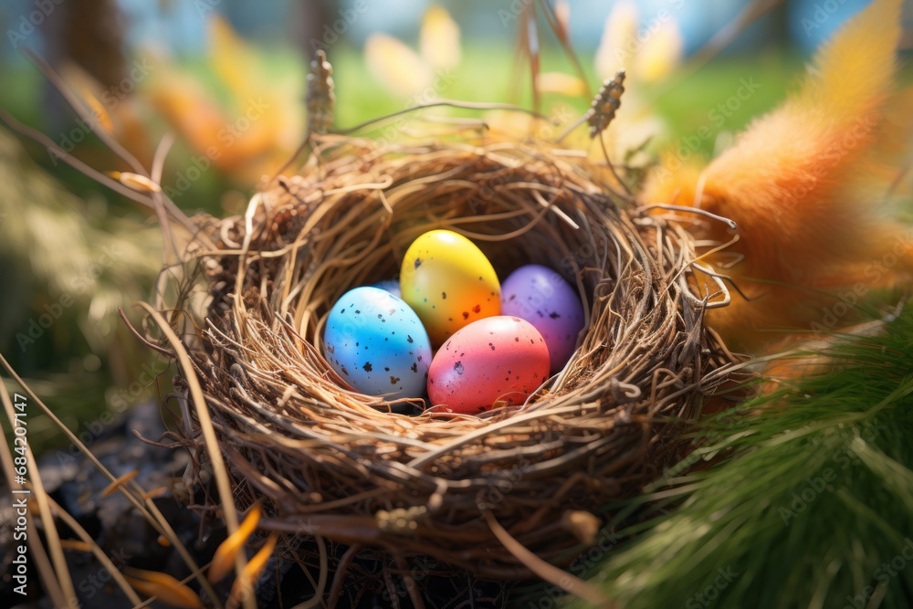 Vibrant Easter Eggs Tucked in Nest: A Quirky Bird Family Affair in High ...