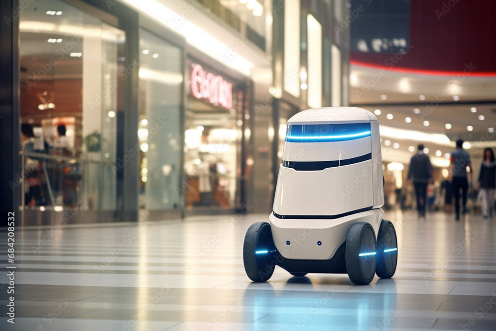 Little cute service android robot with wheels, smart technology retail ...