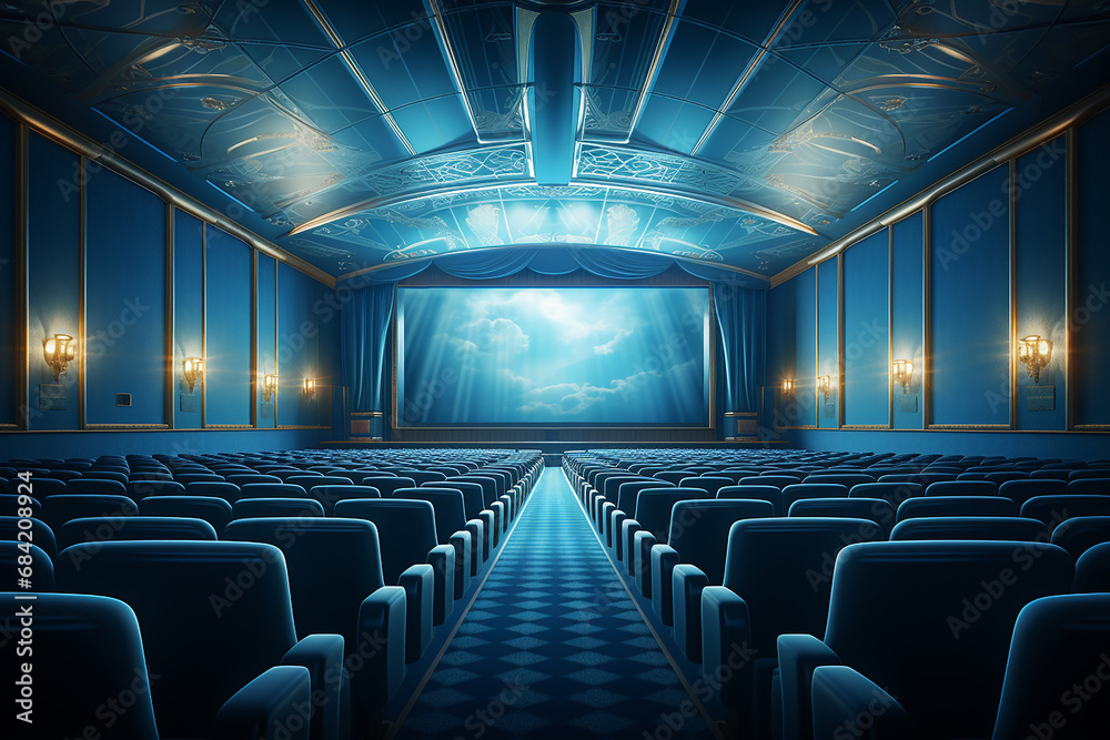 Cinema theater screen in front of seat rows in movie theater showing ...