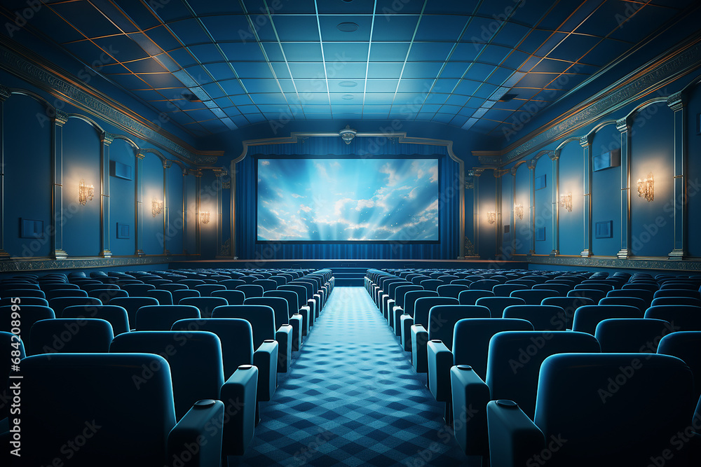 Cinema theater screen in front of seat rows in movie theater showing ...