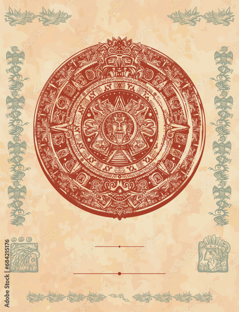 Ancient civilization background. Aztec sun stone. Old paper vector ...