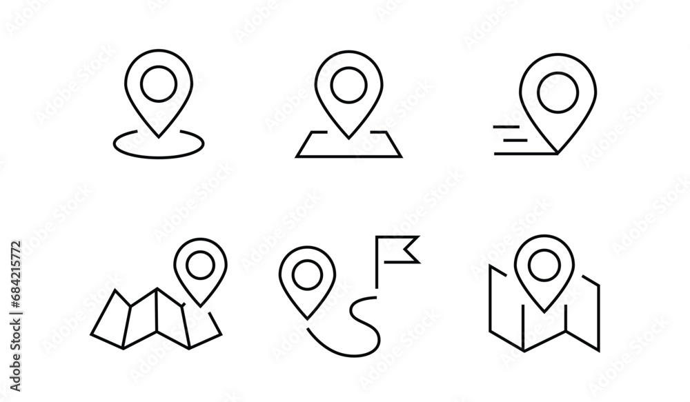 Set Route Related Vector Line Icons. Map with a Pin, Location Route map, Navigator, Direction ...