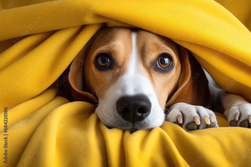 Little scared Jack Russell terrier puppy laying on bed under yellow ...