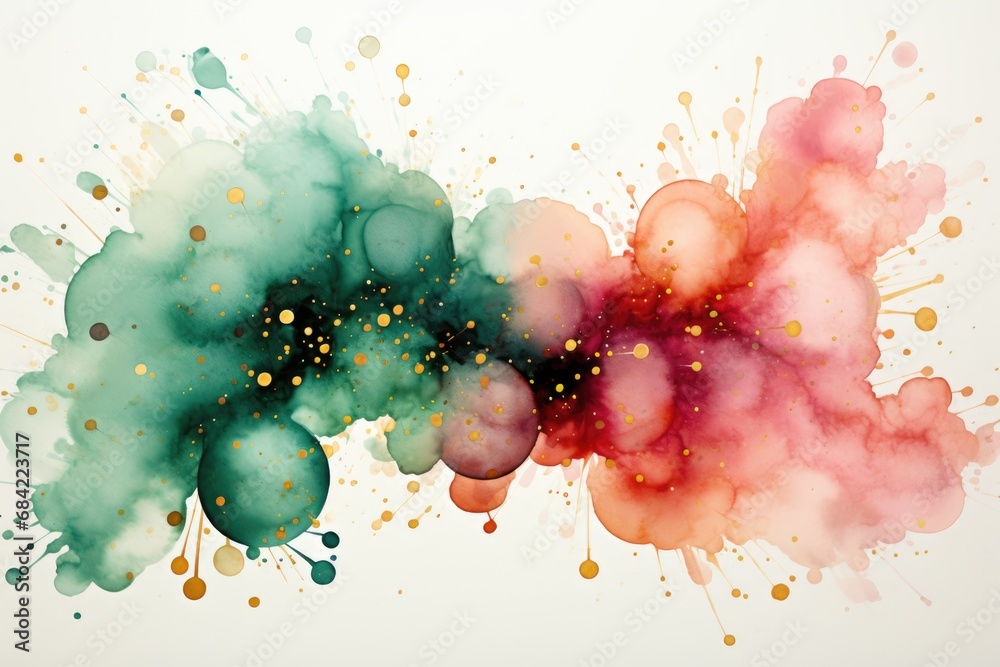ink watercolor green, pink and sparkling gold splash, clip art, white ...