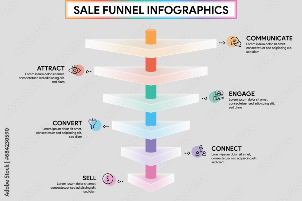 6 Phase Funnel Diagram in Glassmorphism Style. Triangle Shape with ...