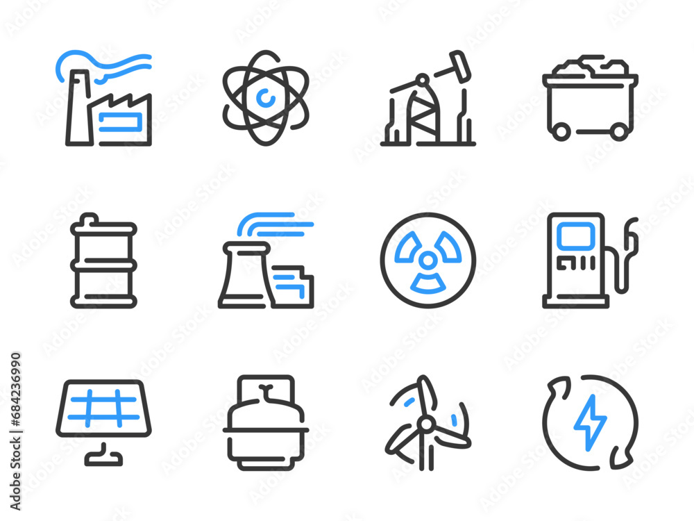Energy Production and Power Station vector line icons. Production ...