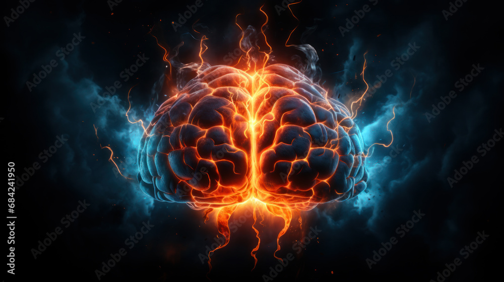 Brain on fire. Brain explosion with fire, sparks and smoke. Concept of ...