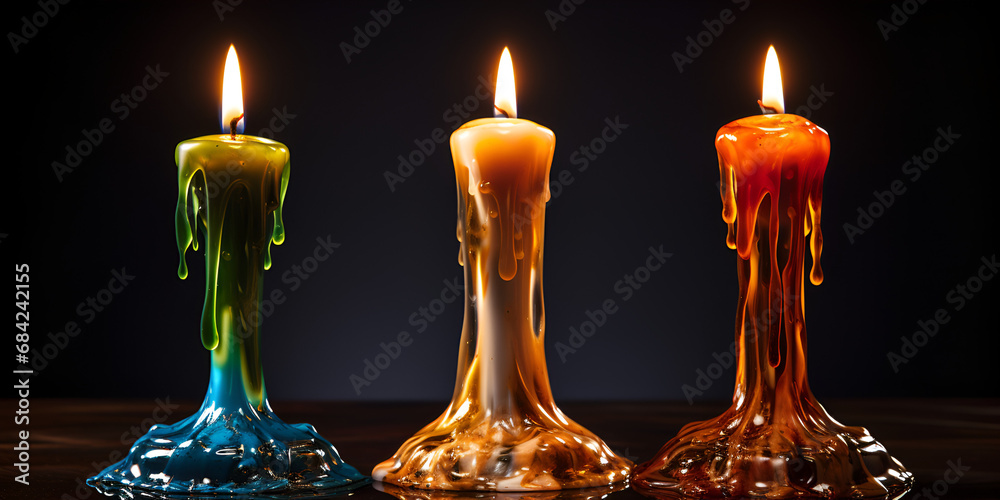 Flame of several candles reflection in water in dark, Burning candle ...