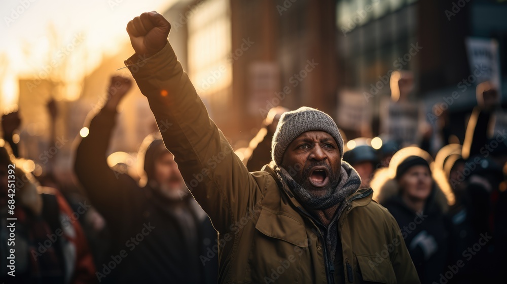 black race activist with raised fists, creating a strong sense of ...