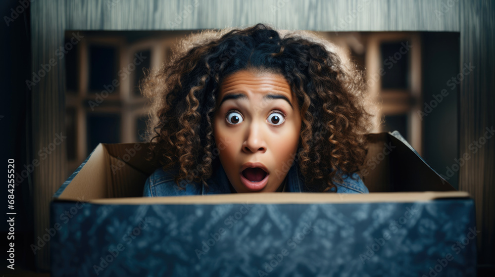 Black girl with wide open eyes coming out of a cardboard box. Stock ...