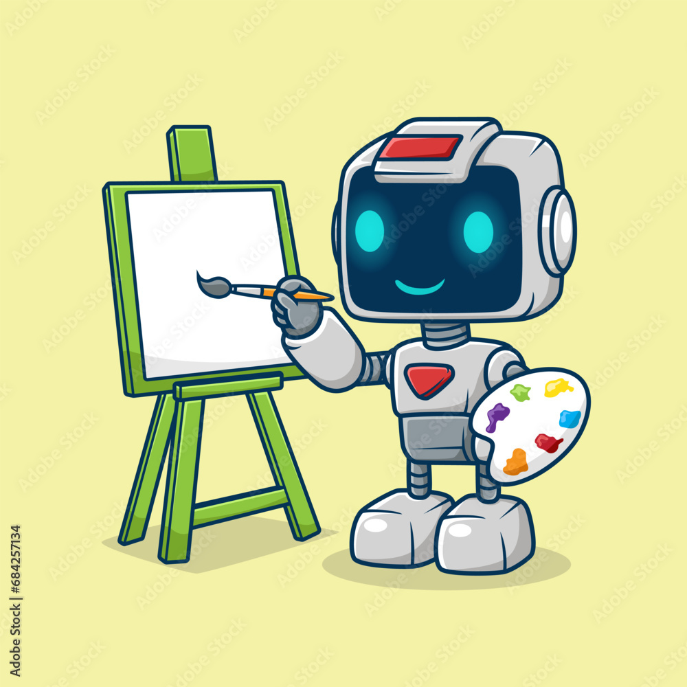 Cute robot painting on canvas, vector cartoon illustration Stock Vector ...