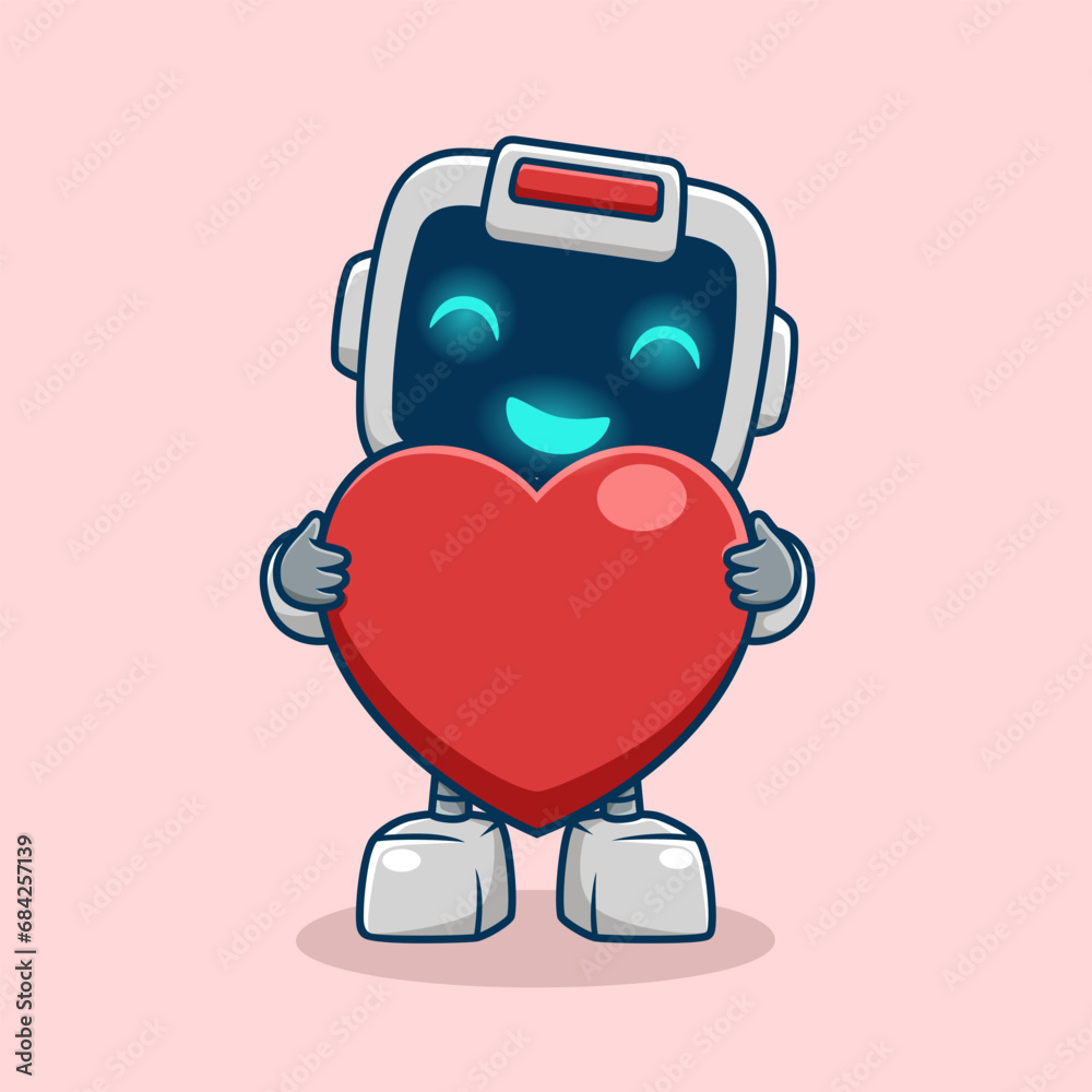 Cute robot embraces big red heart, vector cartoon illustration Stock ...