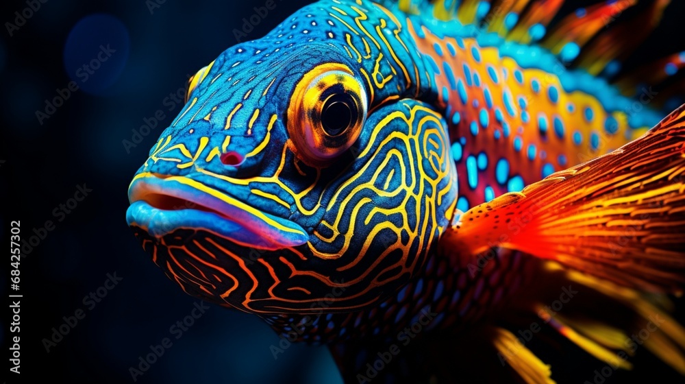A close-up view of a Peacock Cichlid's intricate fin details and ...
