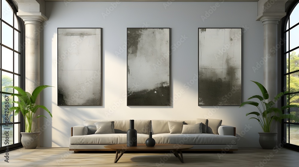 four black picture frames on a flat white wall, in the style of unreal ...