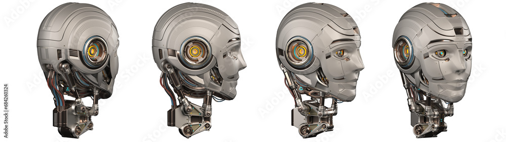 Futuristic robot head or very detailed humanoid face. Collage or set of ...