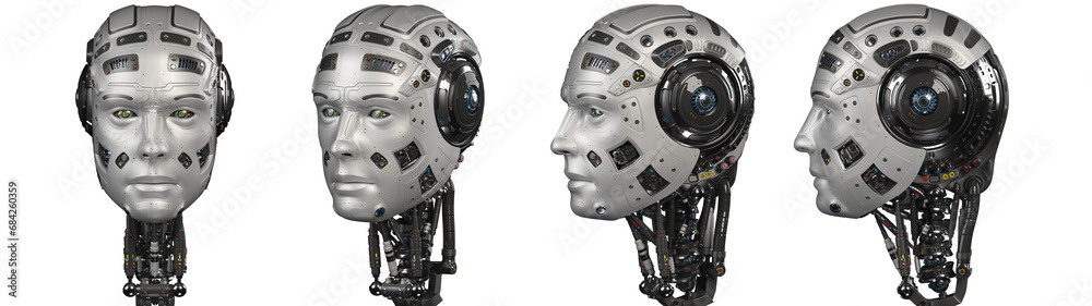 Futuristic robot head or very detailed humanoid face. Collage or set of ...