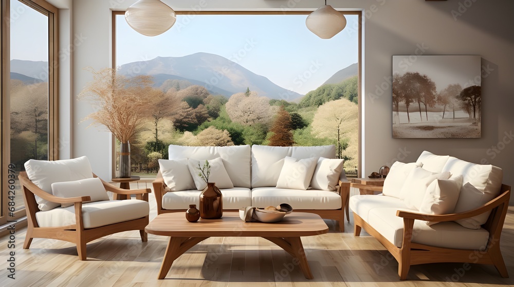 natural wood sofa living room couch with ottoman, in the style of ...