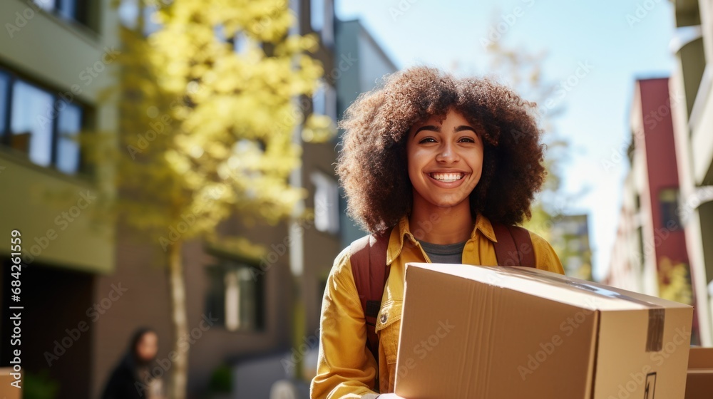 Happy smiling black woman carrying cardboard box with belongings ...