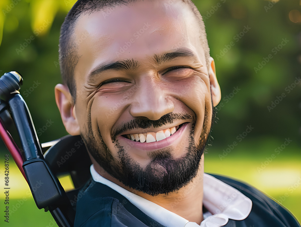 Foto de Disabled man in a chair sitting smiling. The disabled man ...