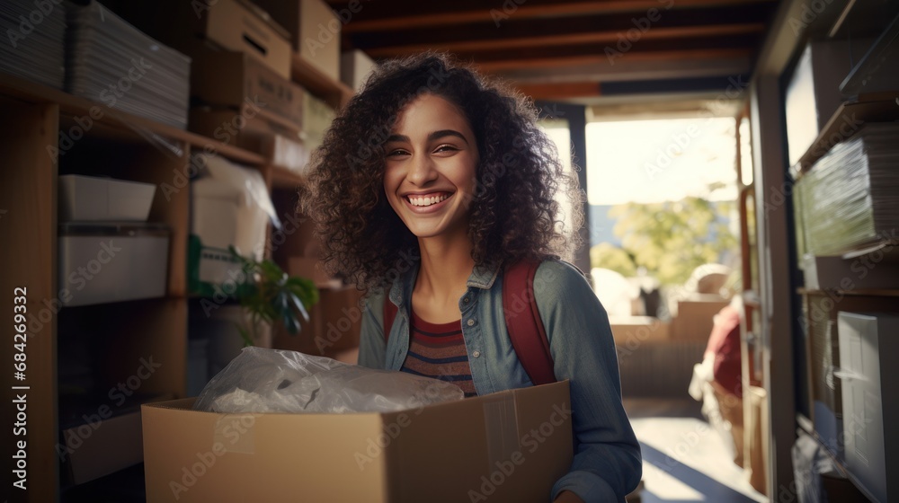 Happy smiling white woman carrying cardboard box with belongings ...