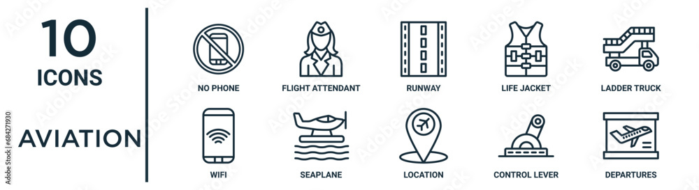 aviation linear icon set. includes thin line flight attendant, runway ...