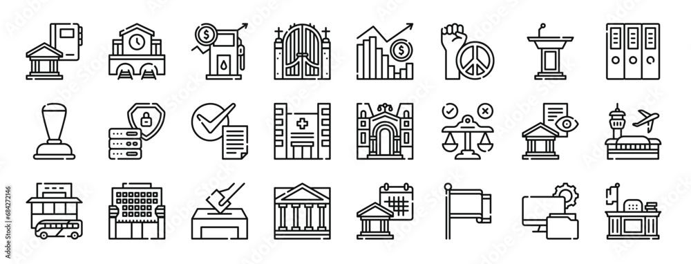 set of 24 outline web government icons such as schedule, train station ...