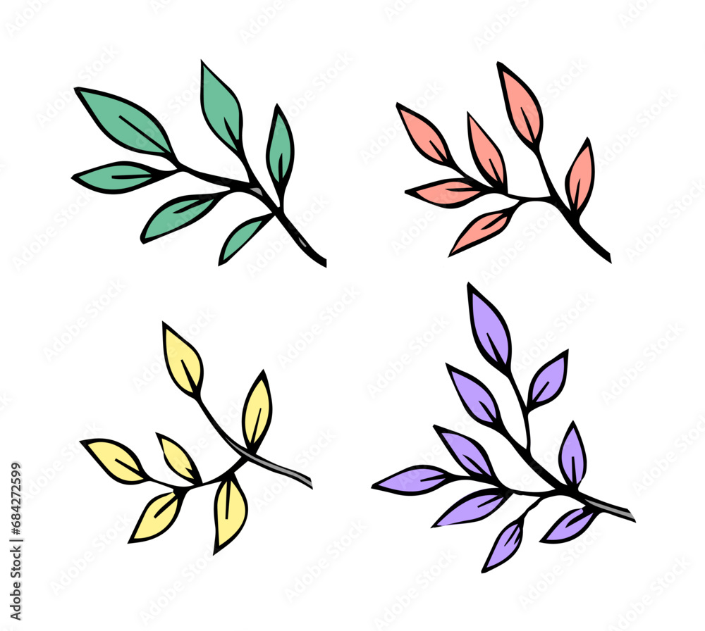 Set of colorful branches with leaves. Template element for design and ...