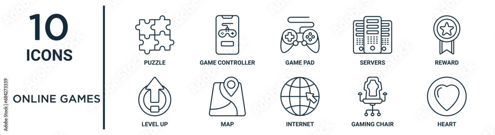 online games linear icon set. includes thin line game controller, game pad, reward, map, gaming ...