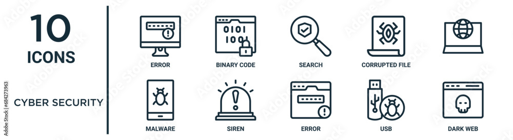 cyber security linear icon set. includes thin line binary code, search ...