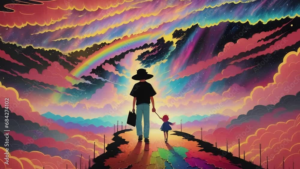 Boy on background of futuristic cosmic animation. Colorful night sky ...