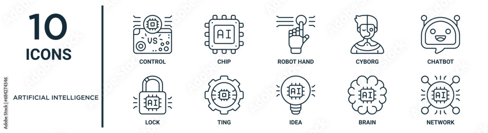 artificial intelligence linear icon set. includes thin line chip, robot ...