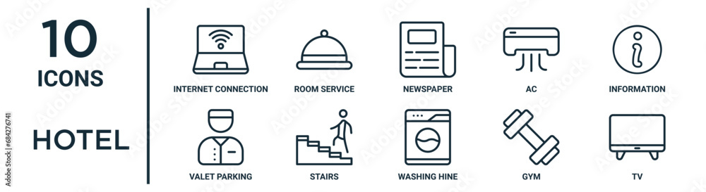 hotel linear icon set. includes thin line room service, newspaper ...