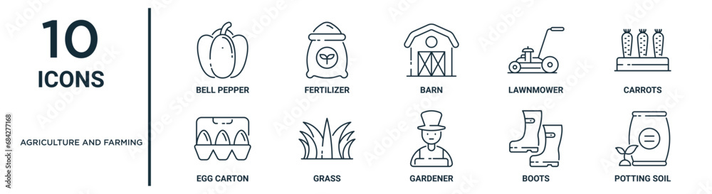 agriculture and farming linear icon set. includes thin line fertilizer ...