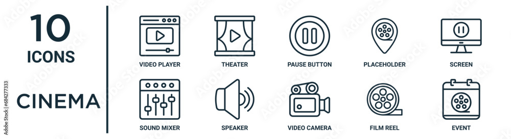 cinema linear icon set. includes thin line theater, pause button ...