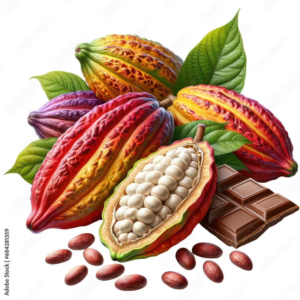 cacao pods with one open, revealing the white cacao beans inside, and a ...
