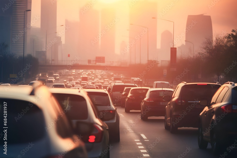 view of cars stuck in traffic jams on city roads covered in pollution ...