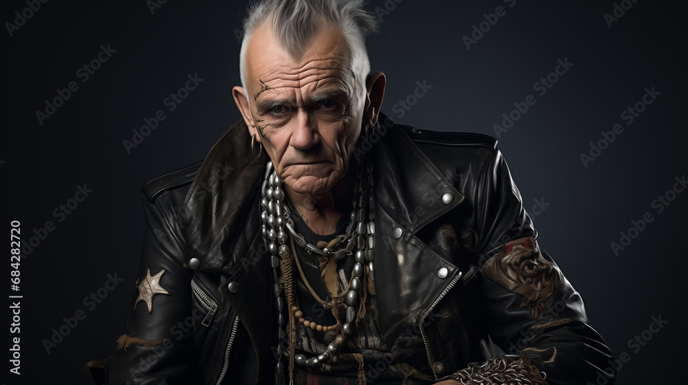 old rocker man with punk aesthetic, studded leather jacket, crest and ...