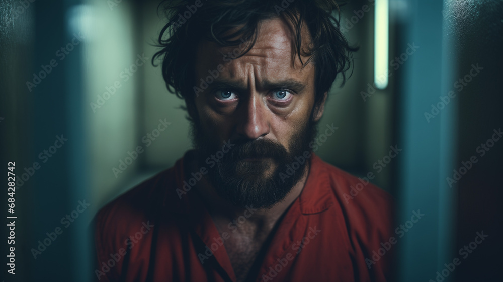 Portrait of the face of a psychopath man with a beard and an orange ...