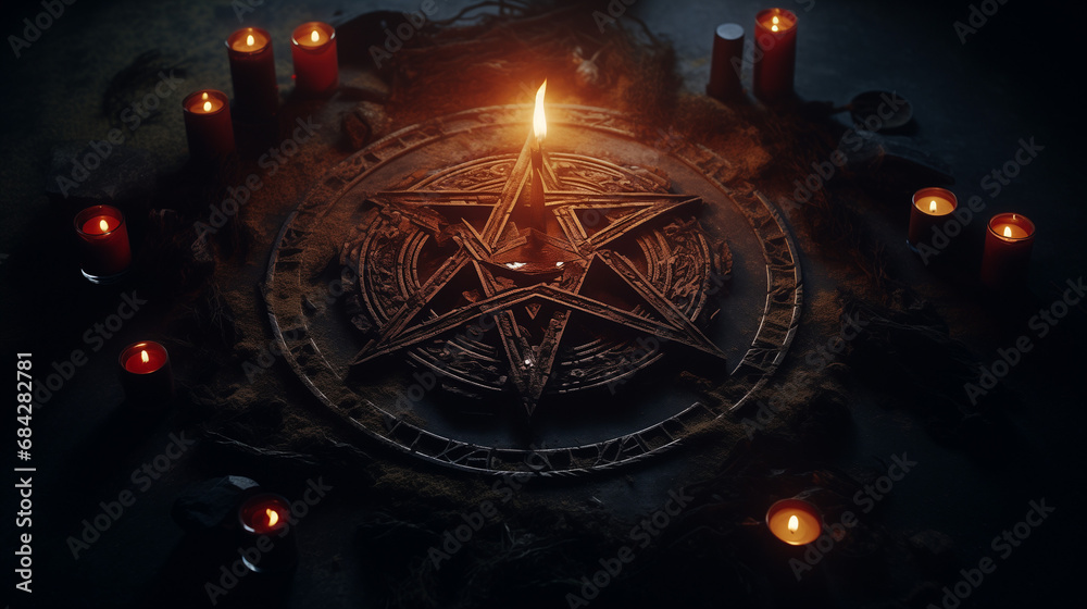 Dark ritual scene with pentagram and candles on stone altar. Spooky and ...