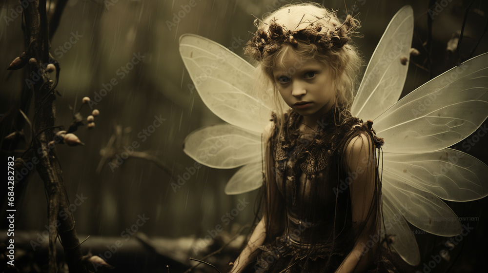 Foto de A fairy little girl with wings and a crown of twigs in a dark ...