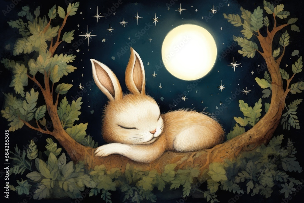 Cute Storybook Illustration of a Bunny Rabbit Sleeping and Dreaming at ...